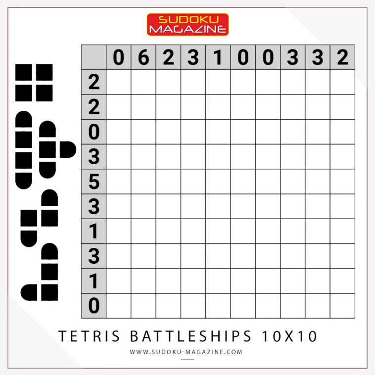Free Daily Puzzle: Tetris Battleships 10×10 (0014) – Sudoku Magazine